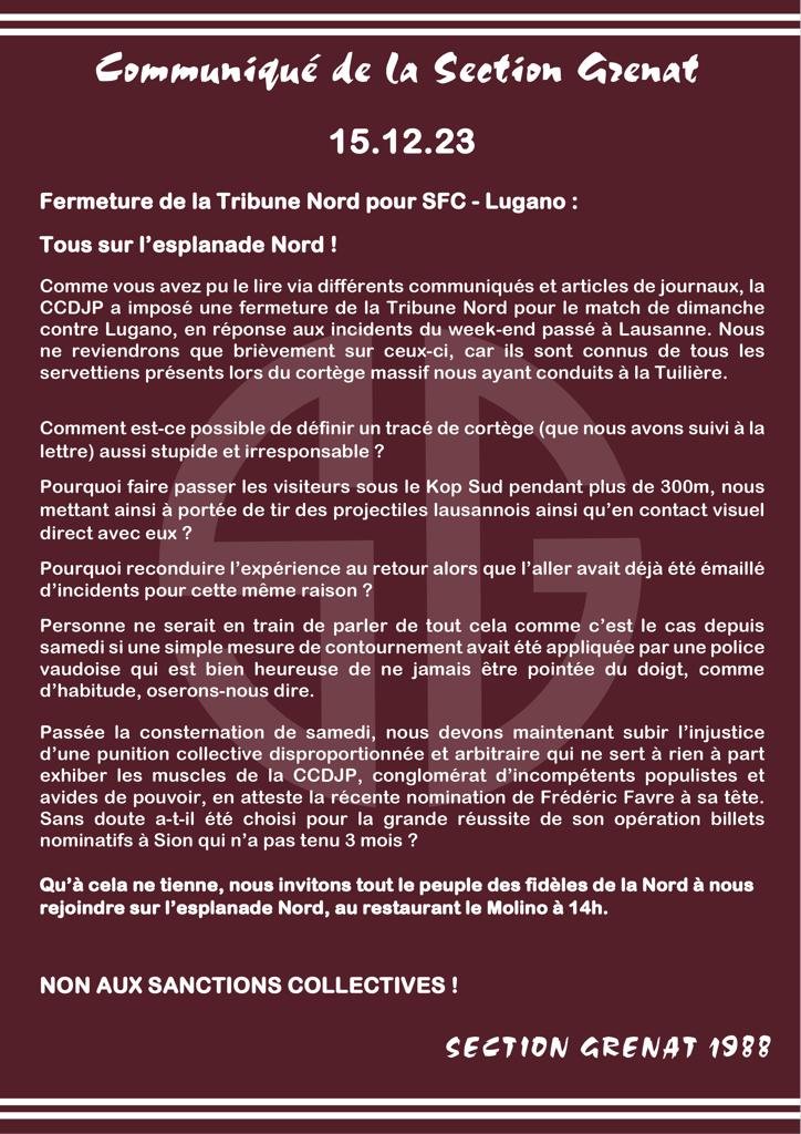 Communiqué de la Section Grenat – Les Enfants du Servette